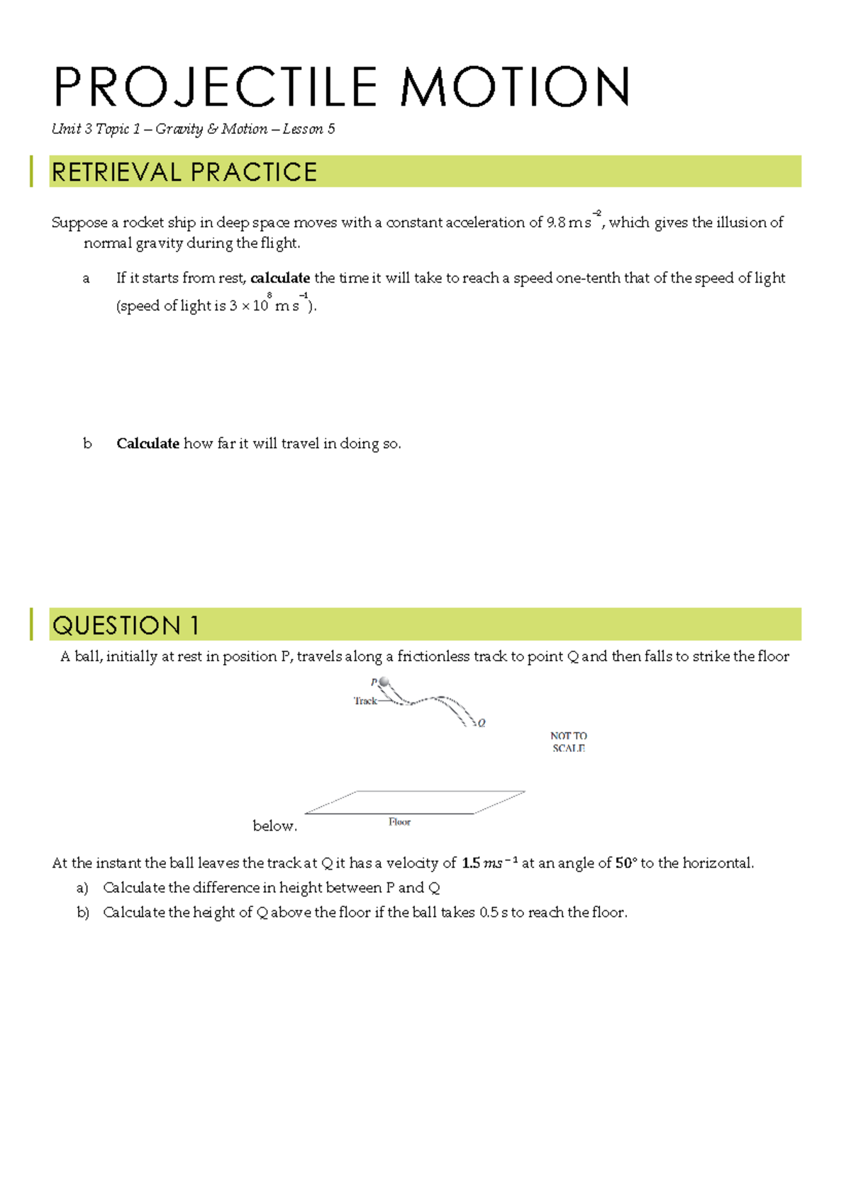 U3T1 L4 WS - Projectile motion PS - PROJECTILE MOTION Unit 3 Topic 1 ...