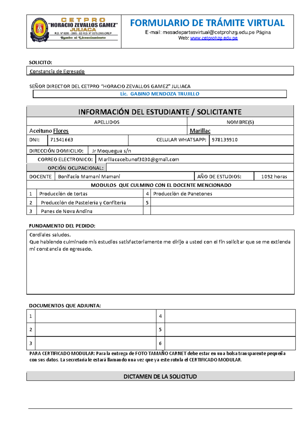 FUT HZG Formulario DE Trámite Virtual 2021-2 - FORMULARIO DE TRÁMITE ...