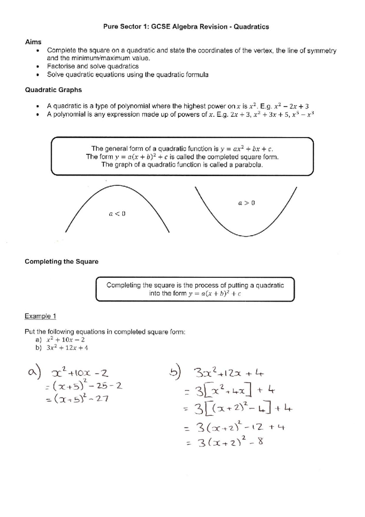 01 GCSE Revision - Quadratics notes with answers - Studocu