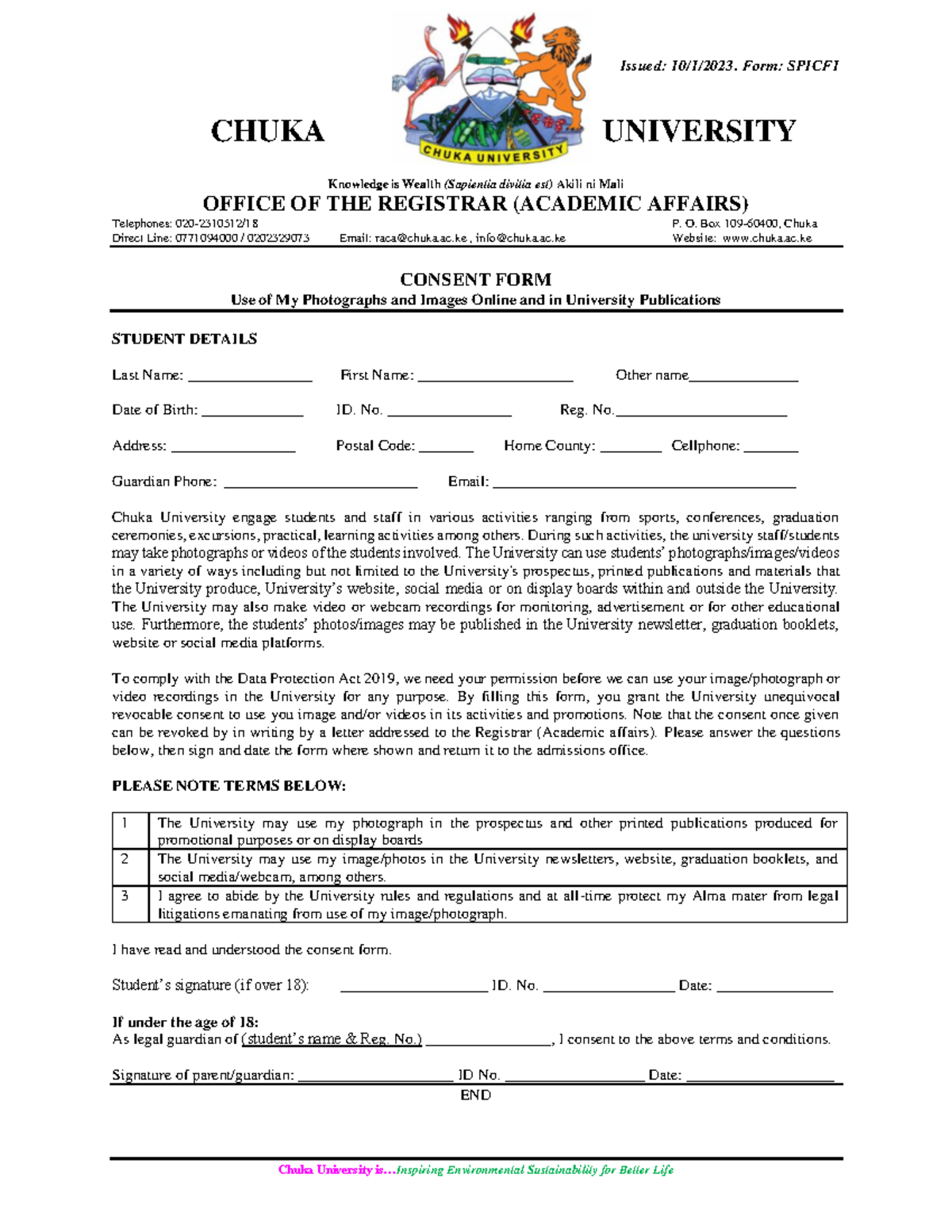 6. Students' Consent FORM Tonny - Issued: 10/1/2023. Form: SPICF Chuka ...