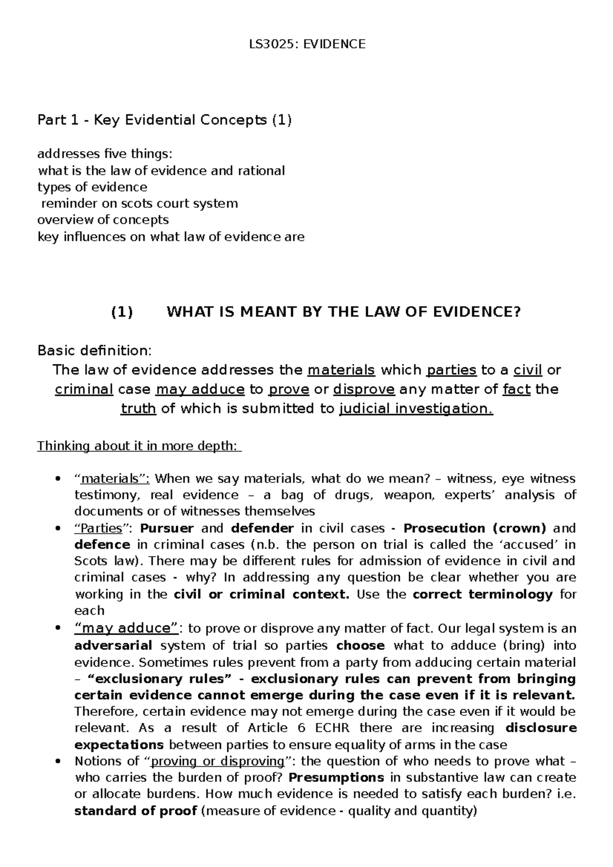LS3025 Evidence Notes - LS3025: EVIDENCE Part 1 - Key Evidential ...