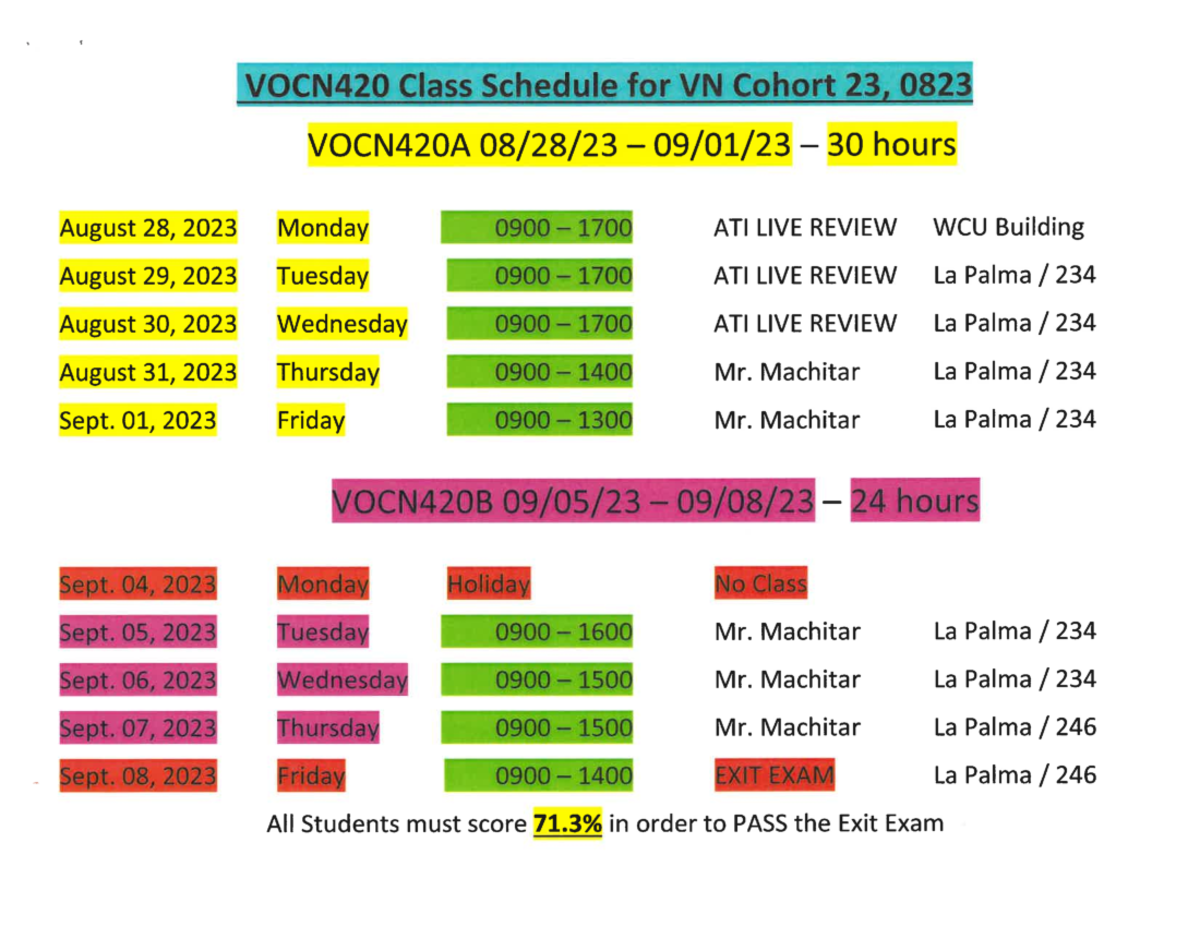 VOCN420 Weekly Class Schedule Cohort 23, 0923 - VOCN - 400 - Studocu