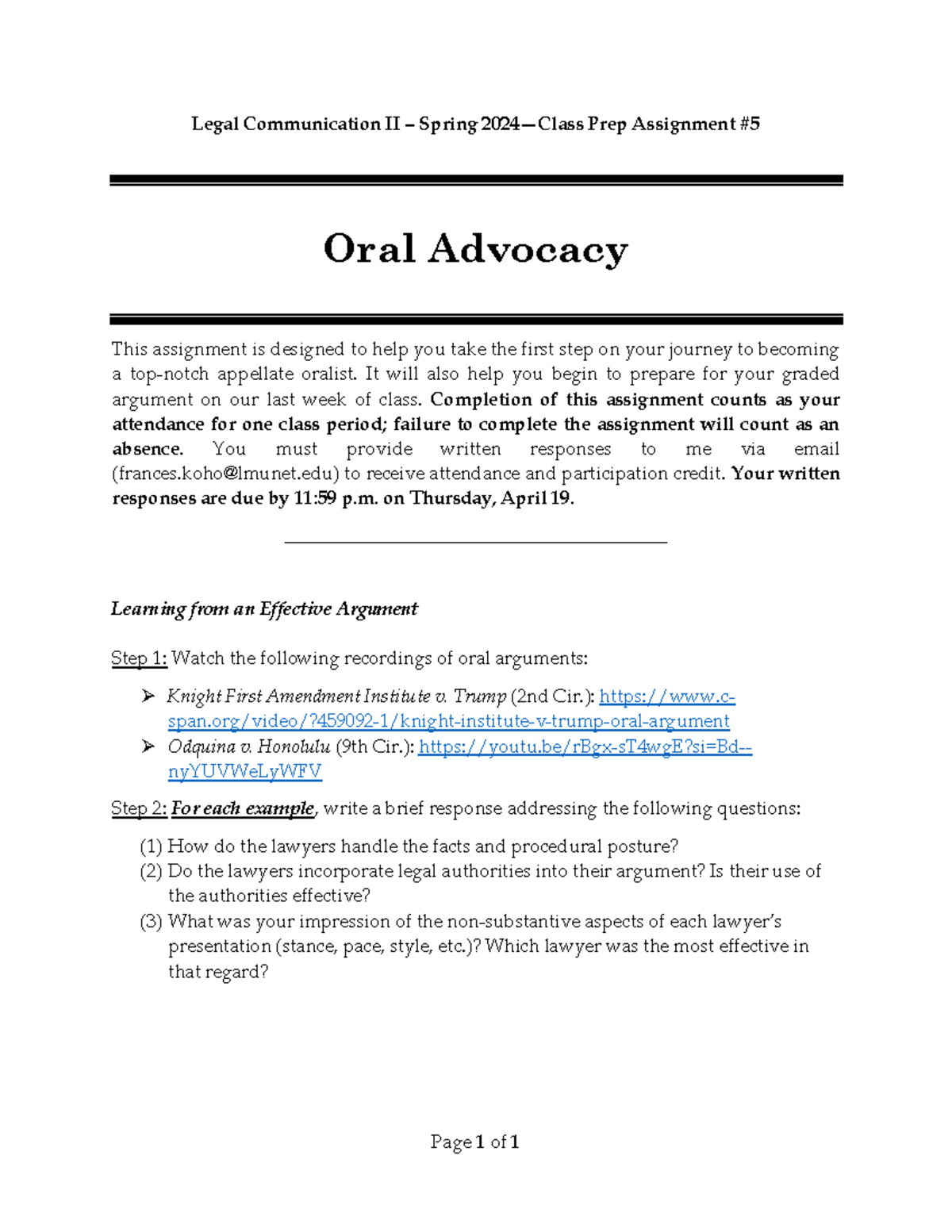 Class Prep Assignment #5 - Oral Advocacy - Page 1 of 1 Legal ...