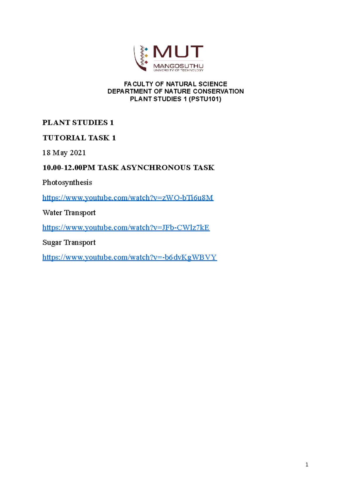 Plant Studies 1 Tutorial Tasks - FACULTY OF NATURAL SCIENCE DEPARTMENT ...