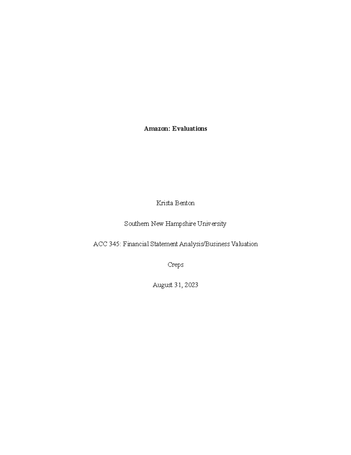 ACC 345 Business Valuation - Amazon: Evaluations Krista Benton Southern ...