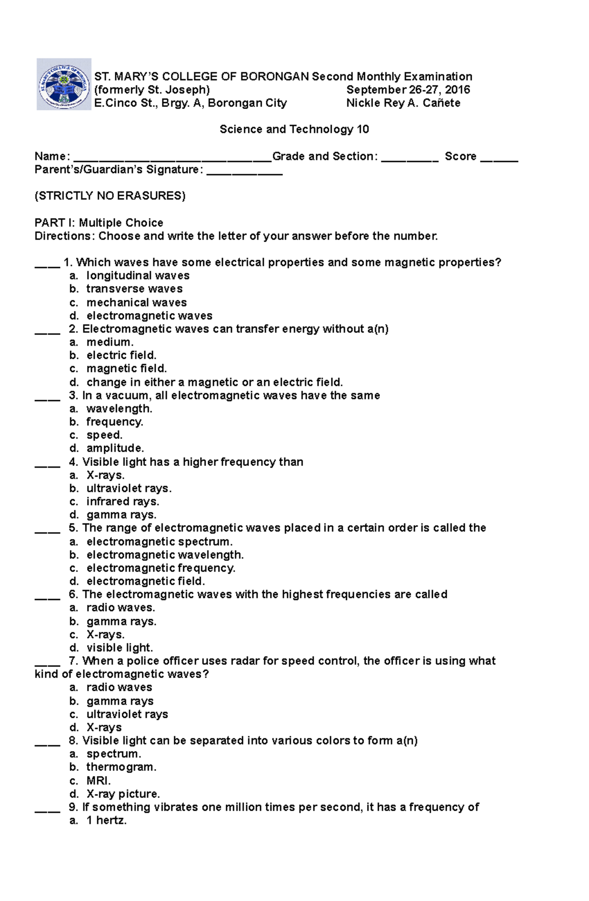 G10-2nd monthly - examination bio - ST. MARY’S COLLEGE OF BORONGAN ...