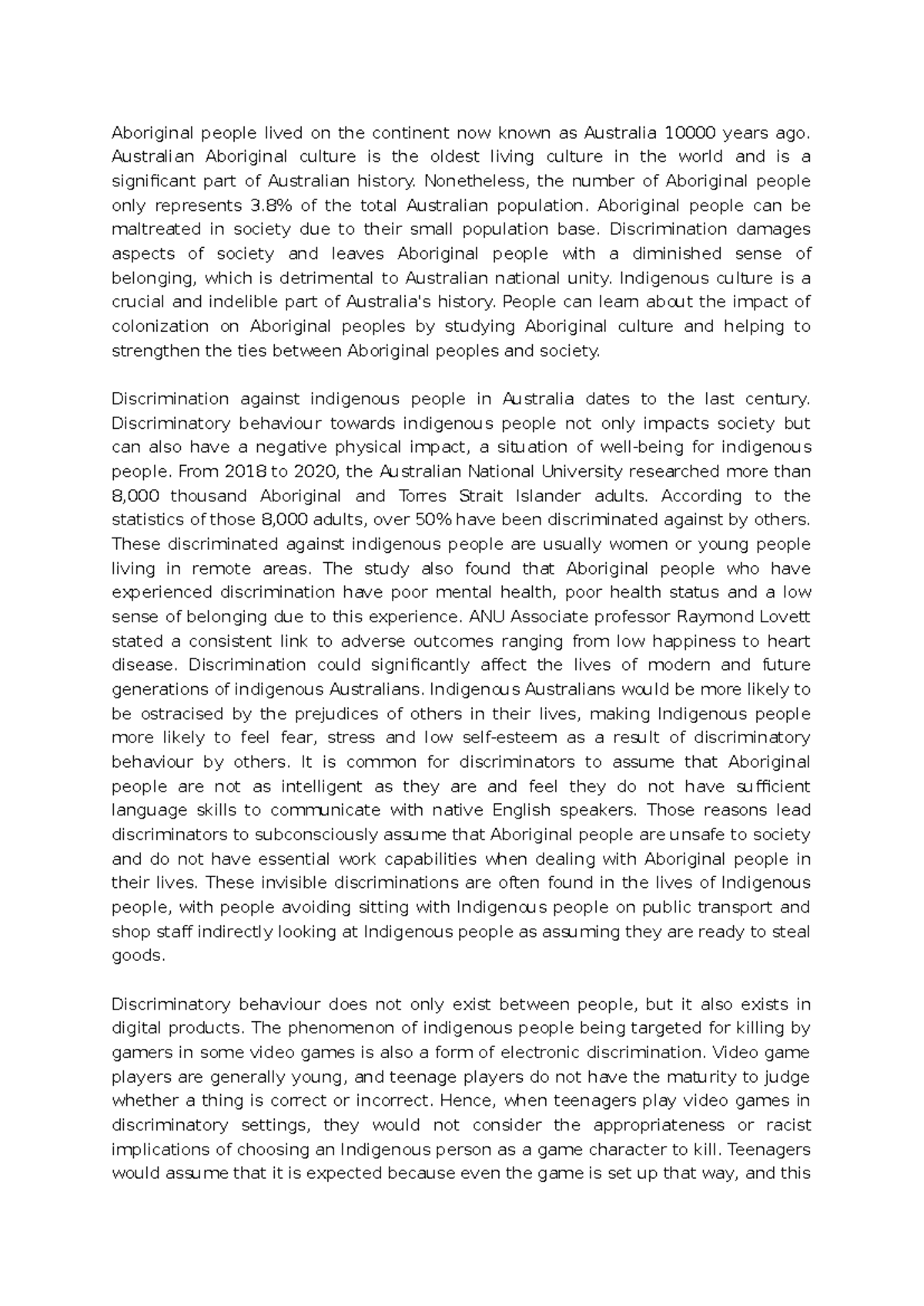 Essay and Professional Reflection - Aboriginal people lived on the ...