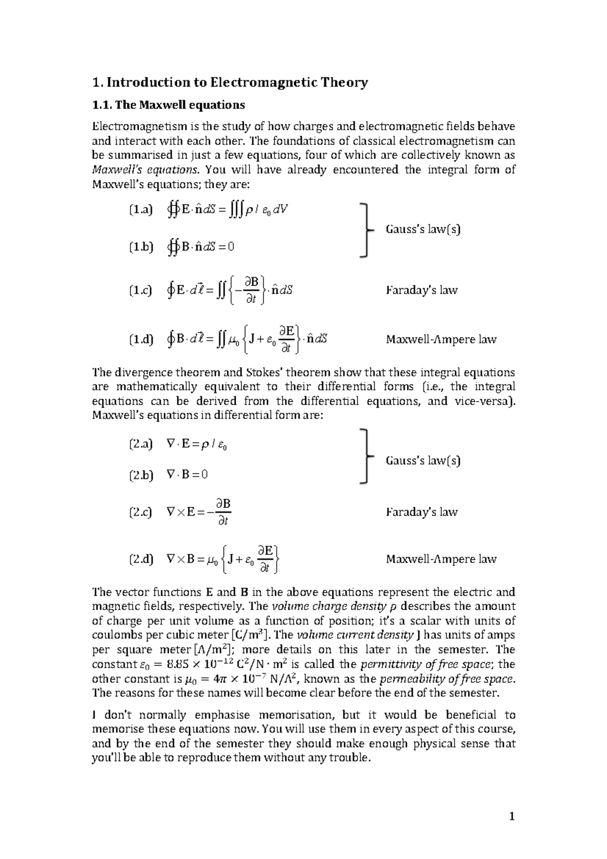 1 - PH3007 - Electromagnetism 1 - Introduction to Electromagnetic ...