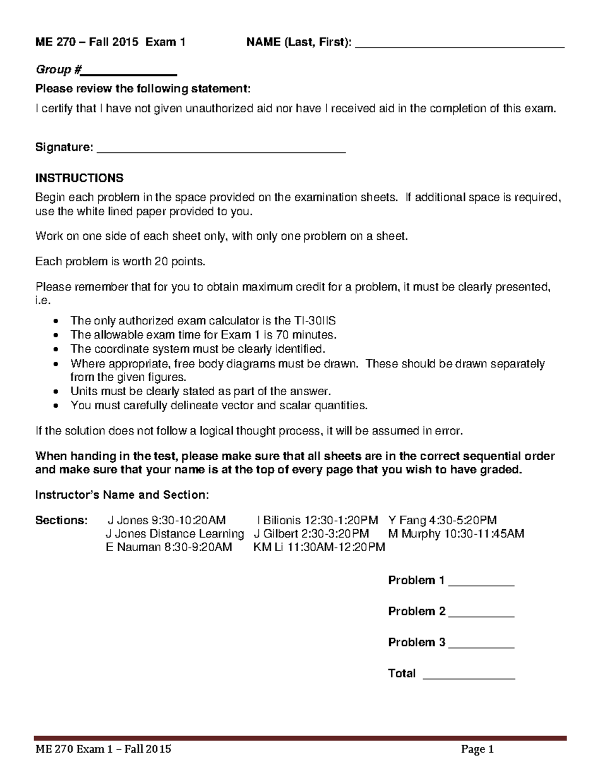 ME 270 Exam 1 - F 15 (Original Final Answers) - Group Please review the ...