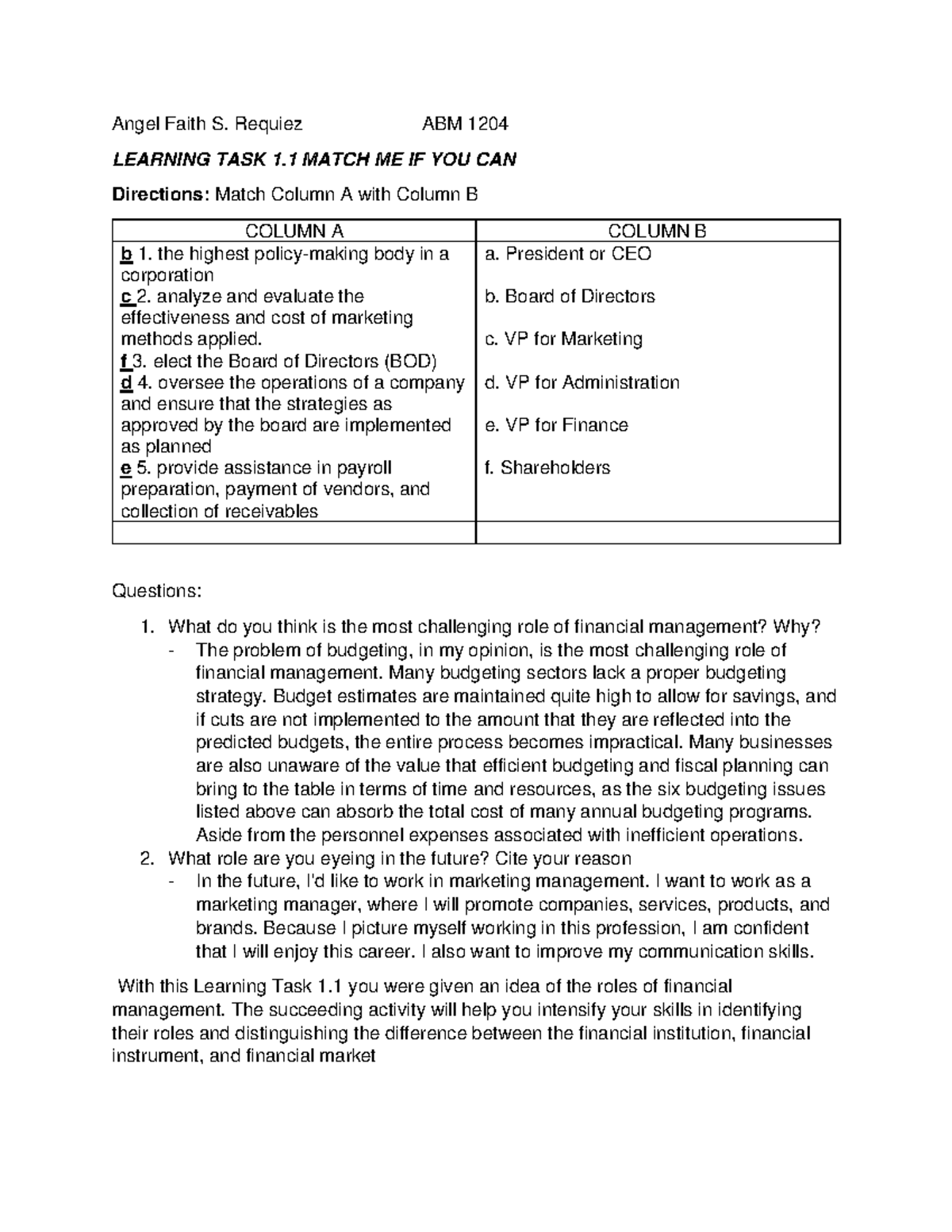 Finance - XSCASCS - LEARNING TASK 1 MATCH ME IF YOU CAN Directions ...
