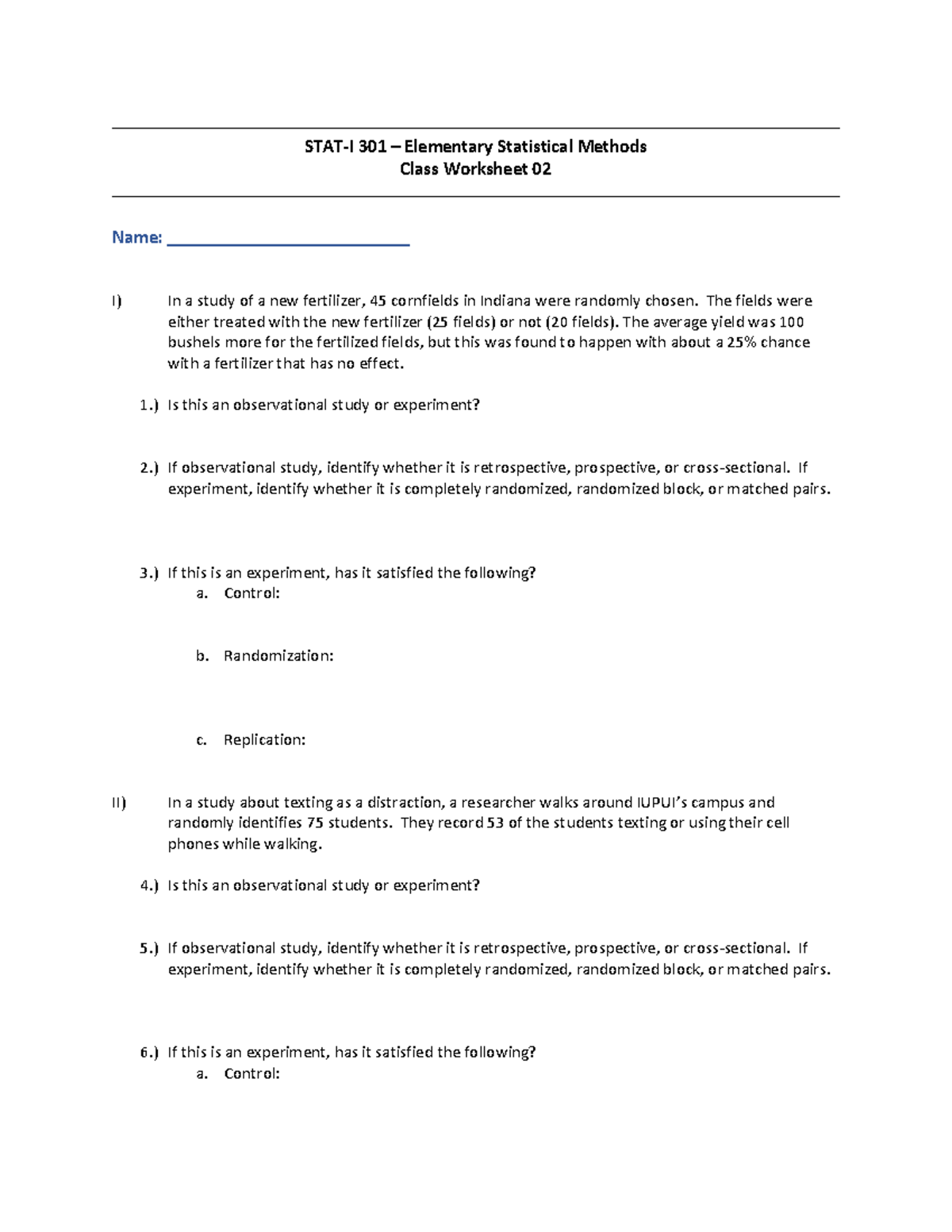 Worksheet 2 Sampling and DOE-1 - STAT-I 301 – Elementary Statistical ...