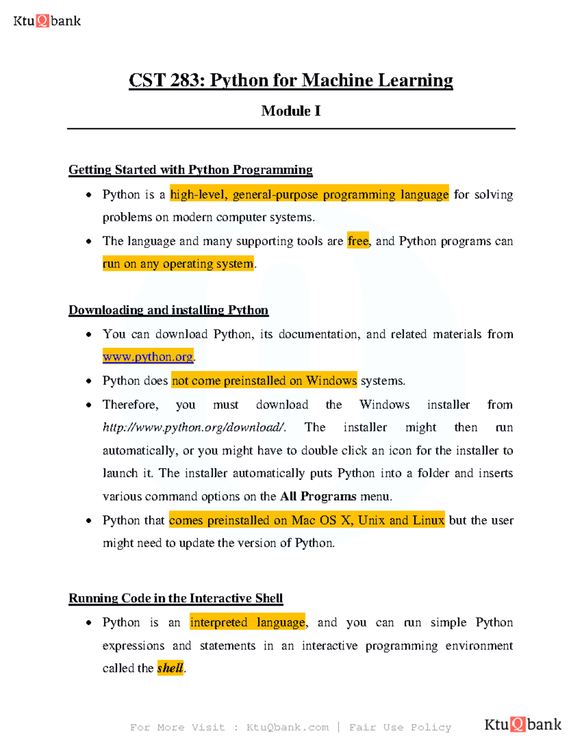 CST 283-PML- M1 - KQB Ktu Qbank - CST 283: Python for Machine Learning Module I Getting Started ...