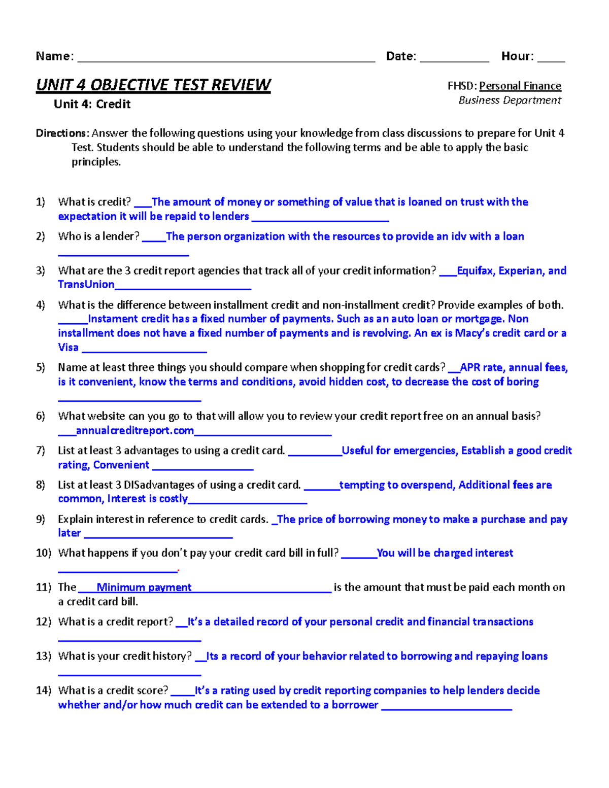 Unit 4 Objective Test Review - Name ...