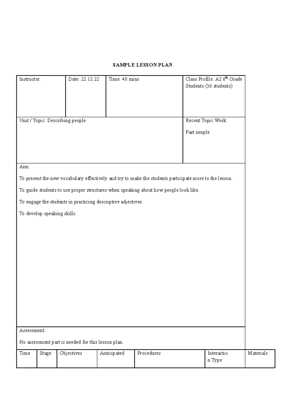 Lesson plan 23 - SAMPLE LESSON PLAN Instructor: Date: 22.12 Time: 40 ...