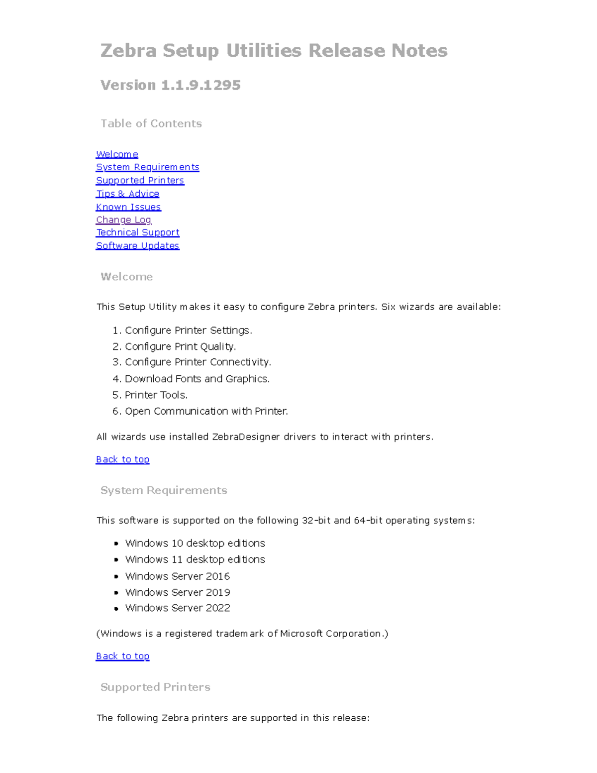 Zebra Setup Utilities Release Notes V1191295 Zebra Setup Utilities