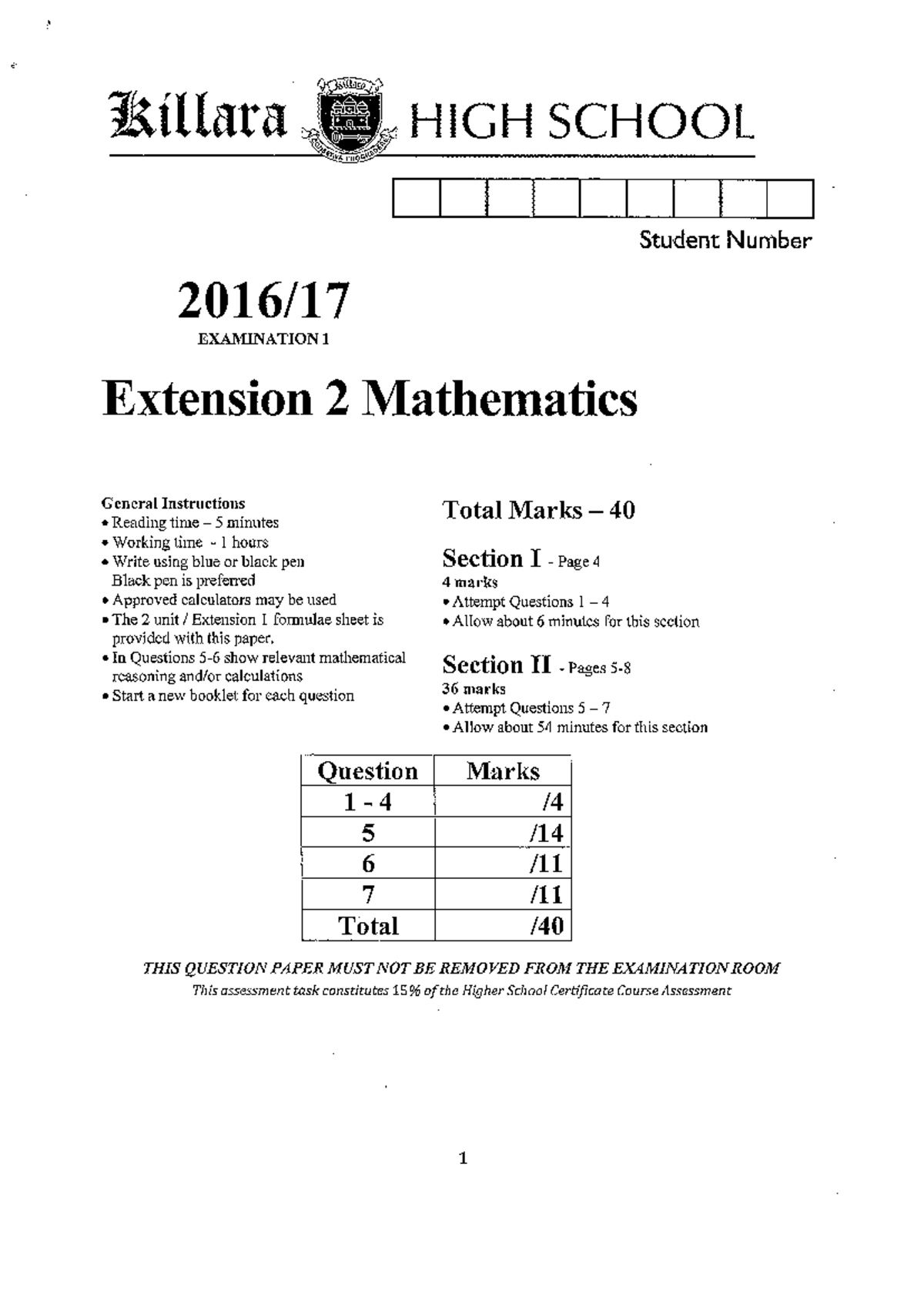 KHS - 2017 HSC Ext 2 Task 1 - Studocu
