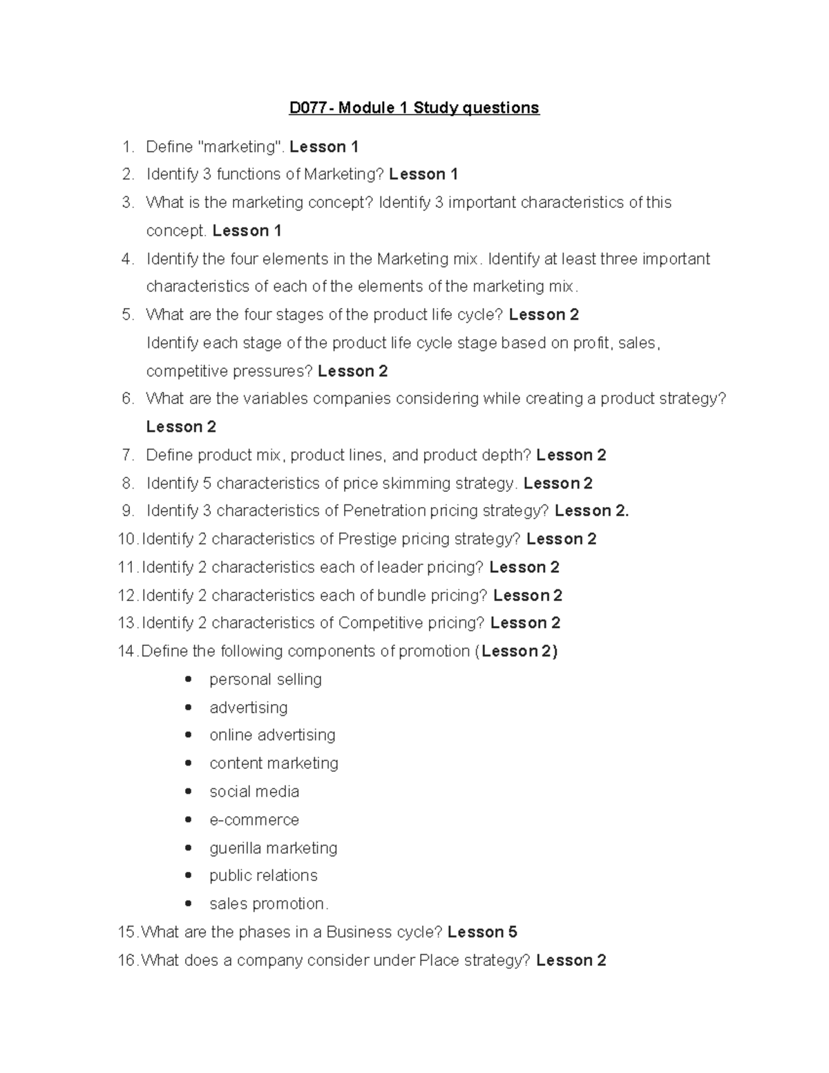 D077: Comprehensive Study Guide for Marketing Modules - D077- Module 1 ...