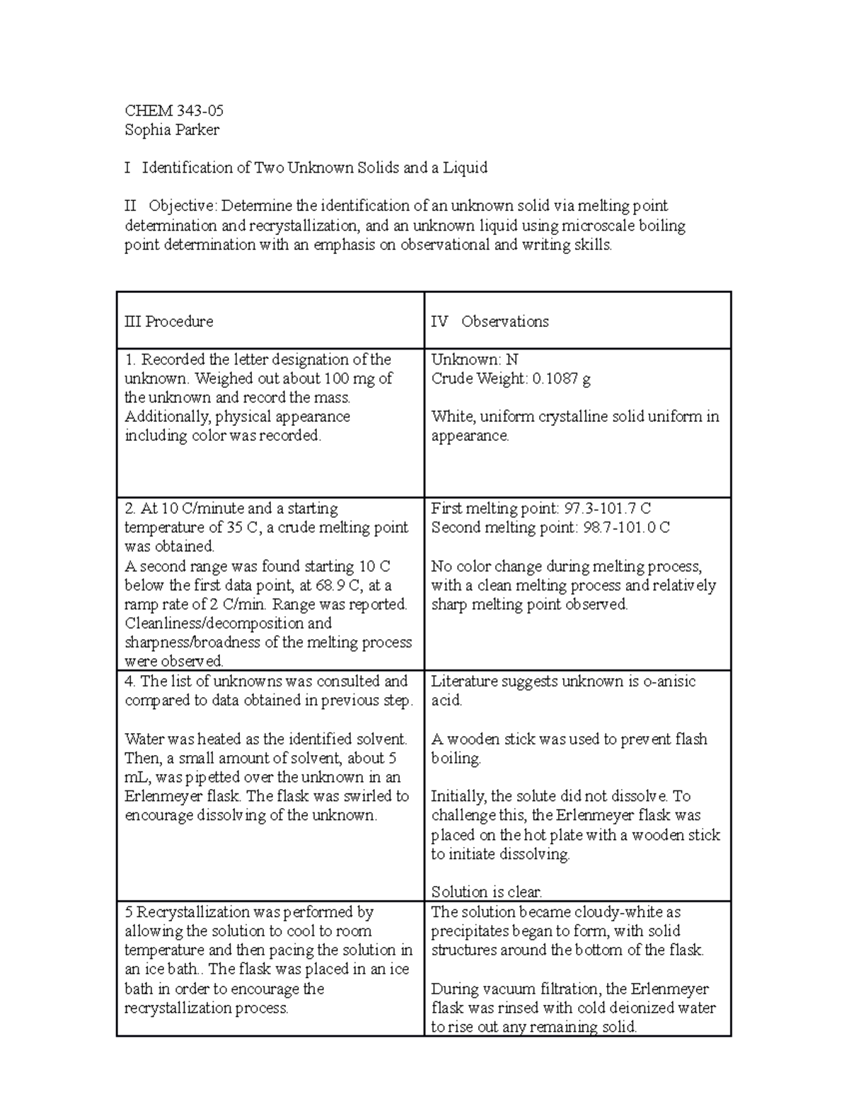 EXP 2 Final - EXP 2 - CHEM 343- Sophia Parker I Identification of Two ...