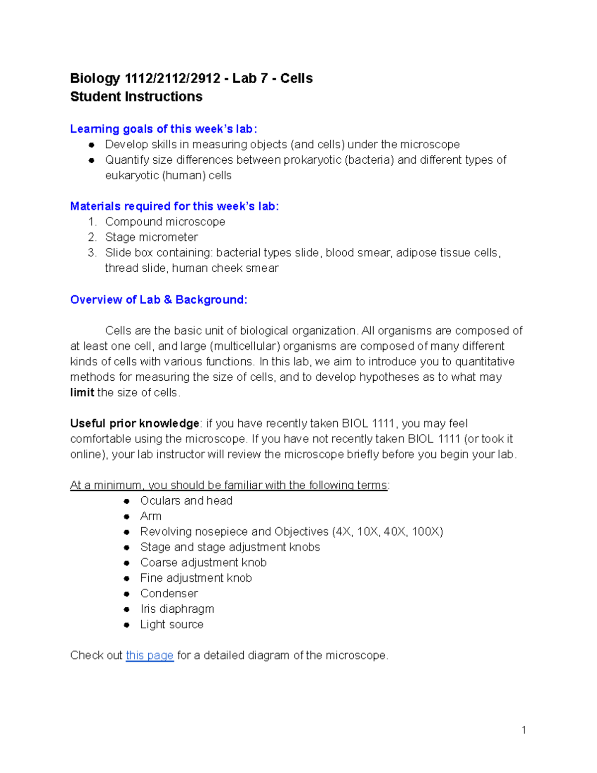 Copy of Lab 7 - Cells - Student Instructions - Biology 1112/2112/2912 ...