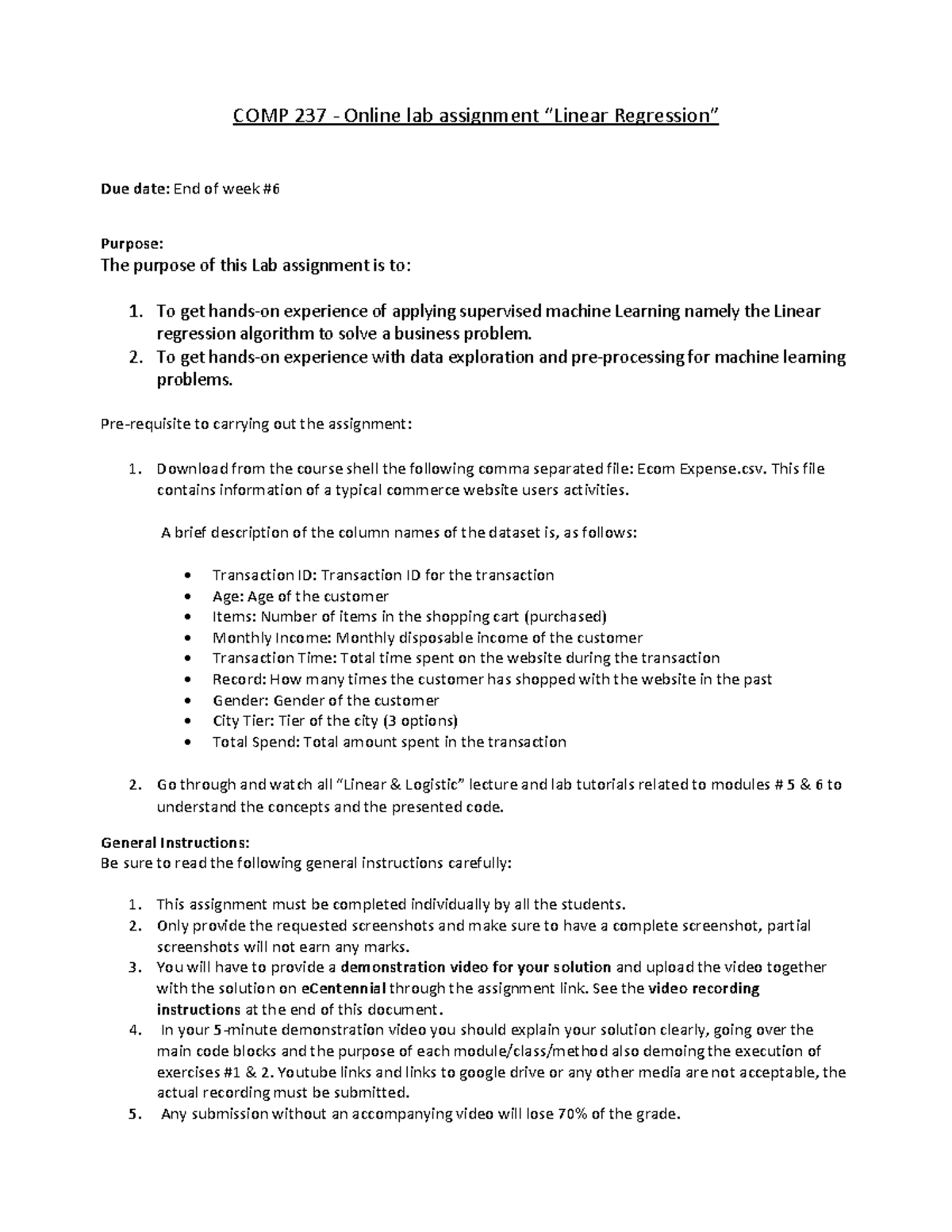 Assignment Linear wdemo - COMP 237 - Online lab assignment