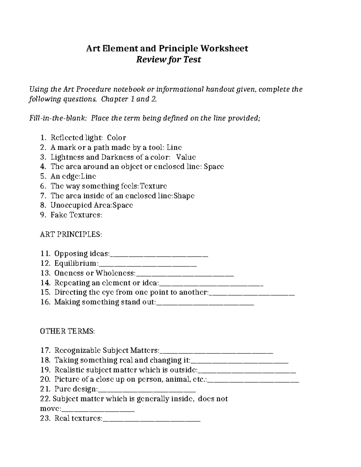 Element and Prnciple Worksheet - Art Element and Principle Worksheet ...