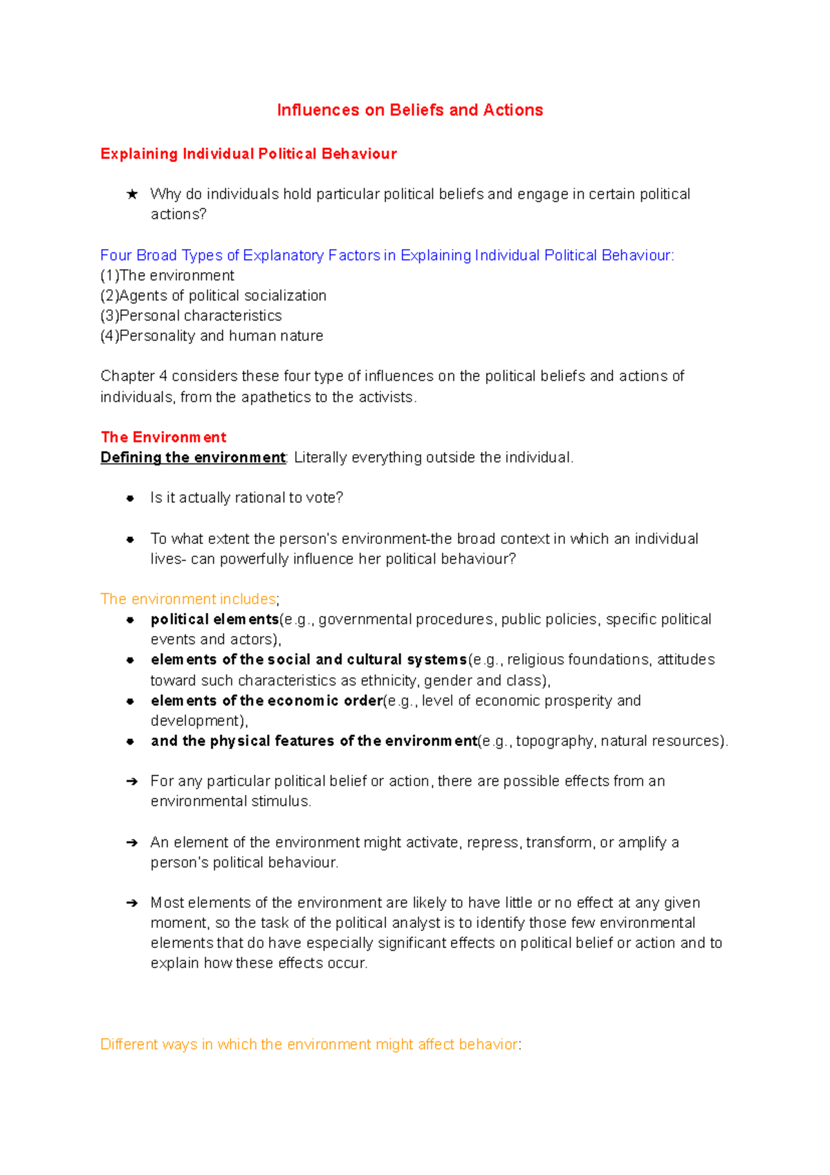 Political Science Exam Notes - Influences on Beliefs and Actions ...