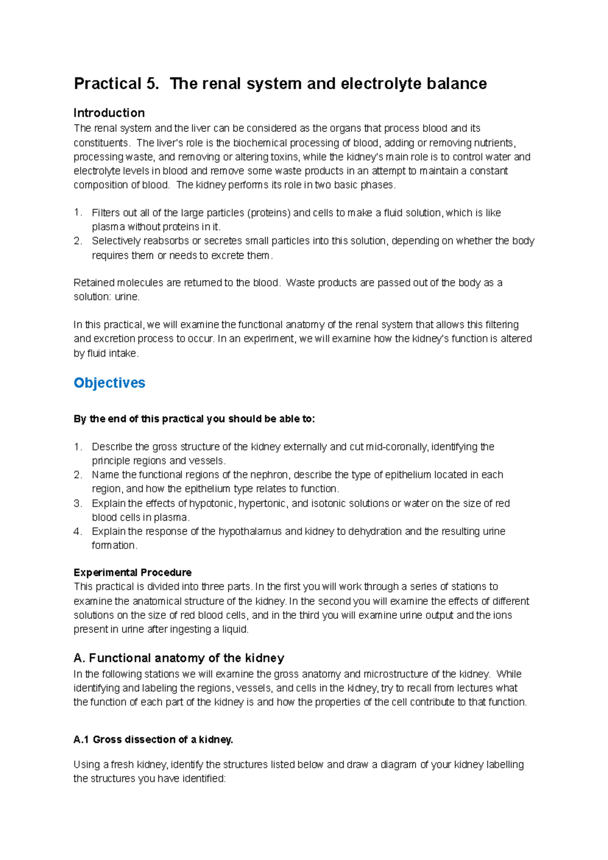 LAB notes summary - Practical 5. The renal system and electrolyte ...