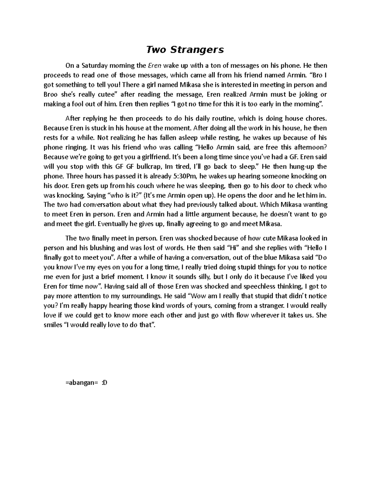 Short story Uw U - WQRQWEQEQWE - Two Strangers On a Saturday morning ...