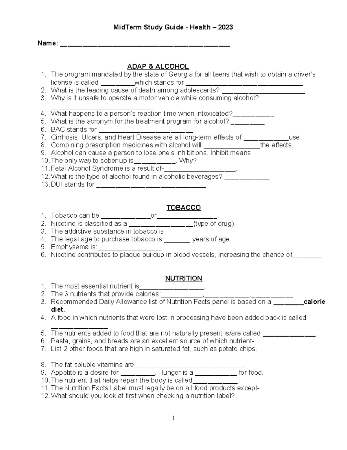Copy of Mid Term Study Guide Fall 2023 - MidTerm Study Guide - Health – 2023 Name: - Studocu