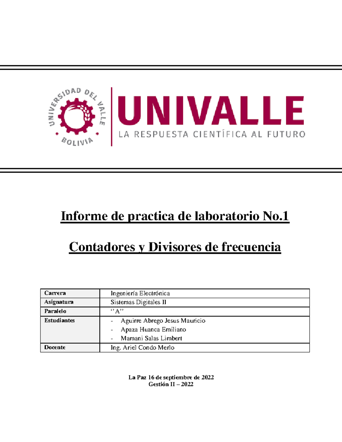 Informe Laboratorio 1 - Monosetables - Informe de practica de ...