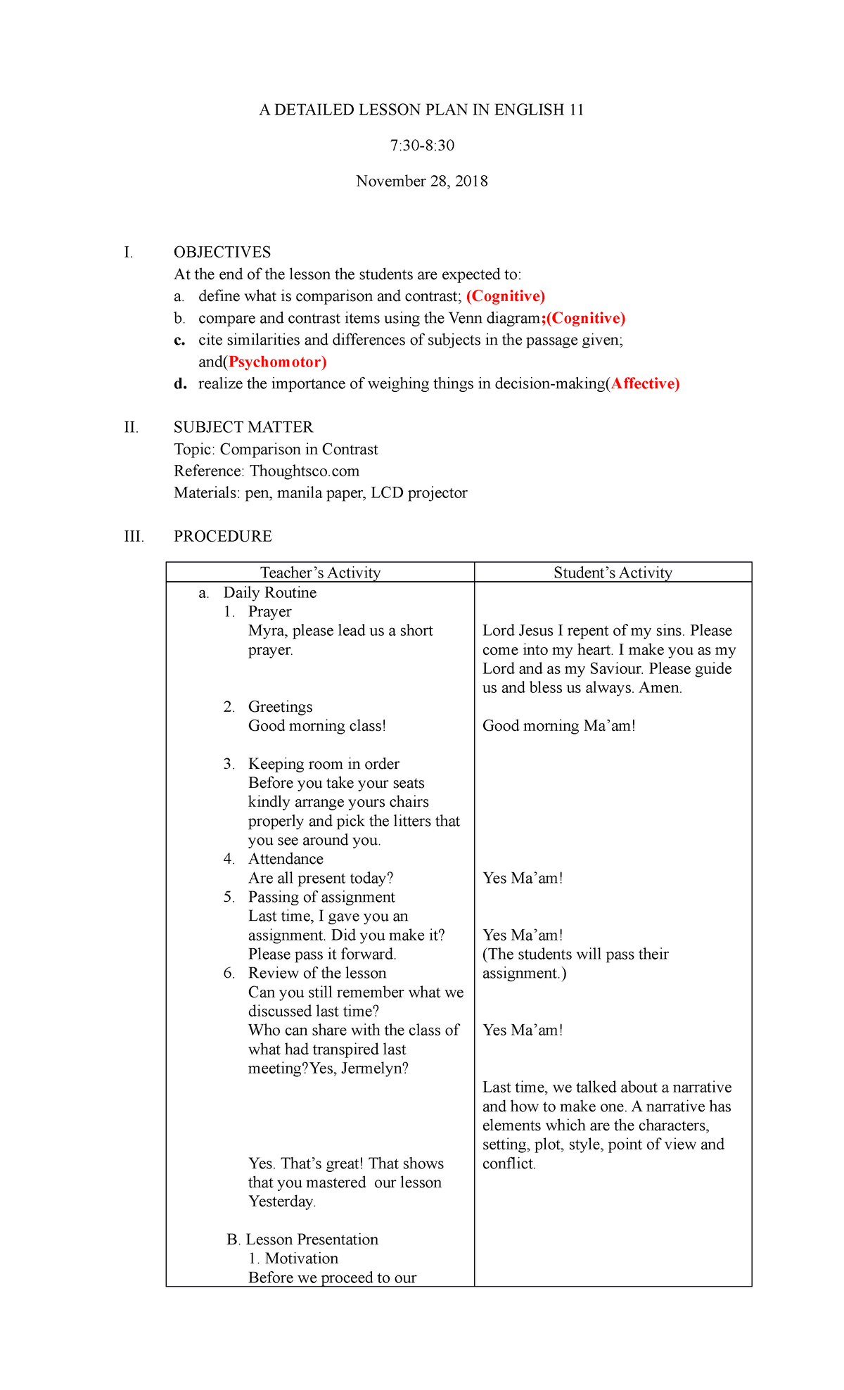 Detailed Lesson PLAN - A DETAILED LESSON PLAN IN ENGLISH 11 7:30-8 ...