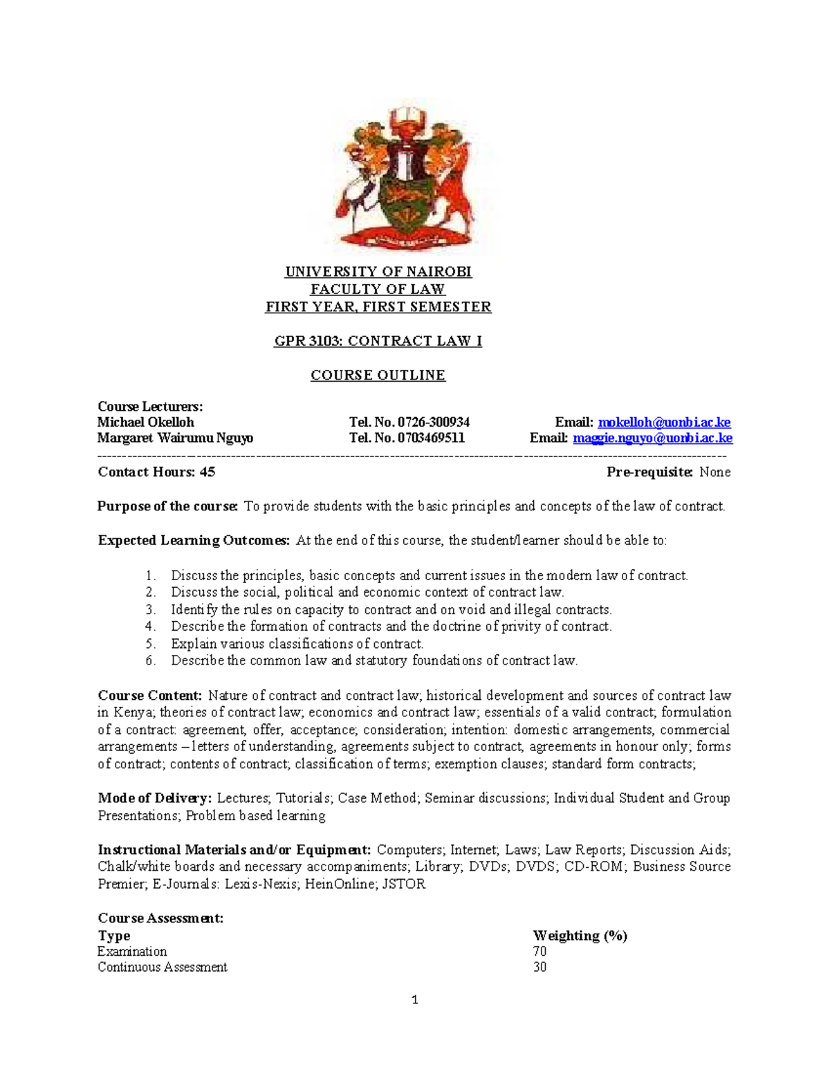 GPR 3103 - Contracts I - Course Outline - UNIVERSITY OF NAIROBI FACULTY ...