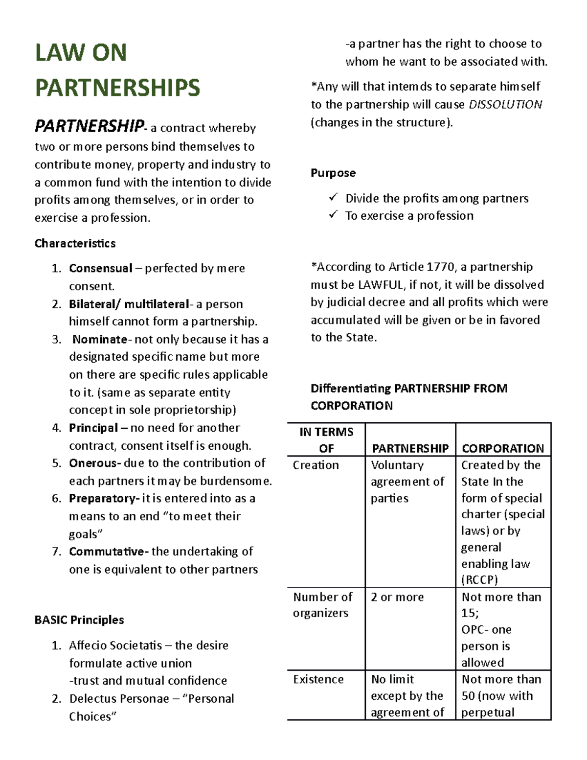 Law on Partnership notes - LAW ON PARTNERSHIPS PARTNERSHIP - a contract ...