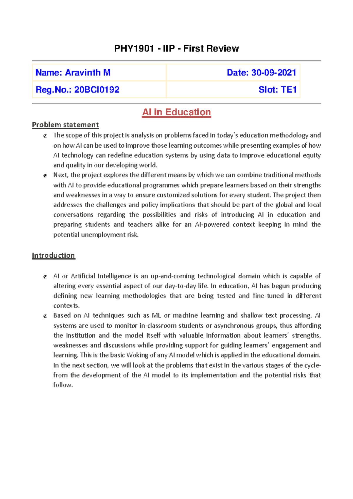IIP-DA4 - 1ST Review - PHY1901 - IIP - First Review Name: Aravinth M ...