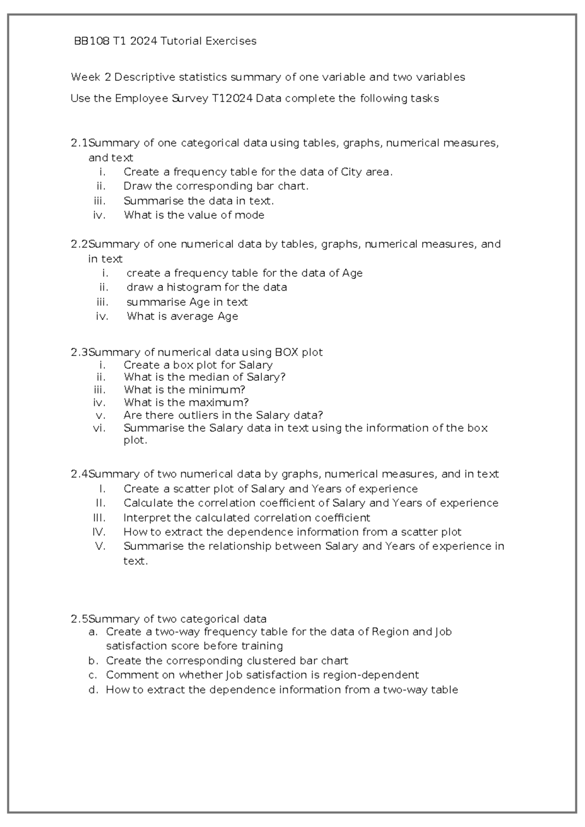 Week 2 Descriptive statistics summary of one variable and two variables ...