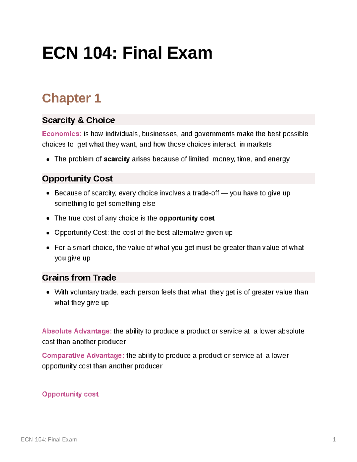 ECN 104 - Final Exam Outline - ECN 104: Final Exam Chapter 1 Scarcity ...