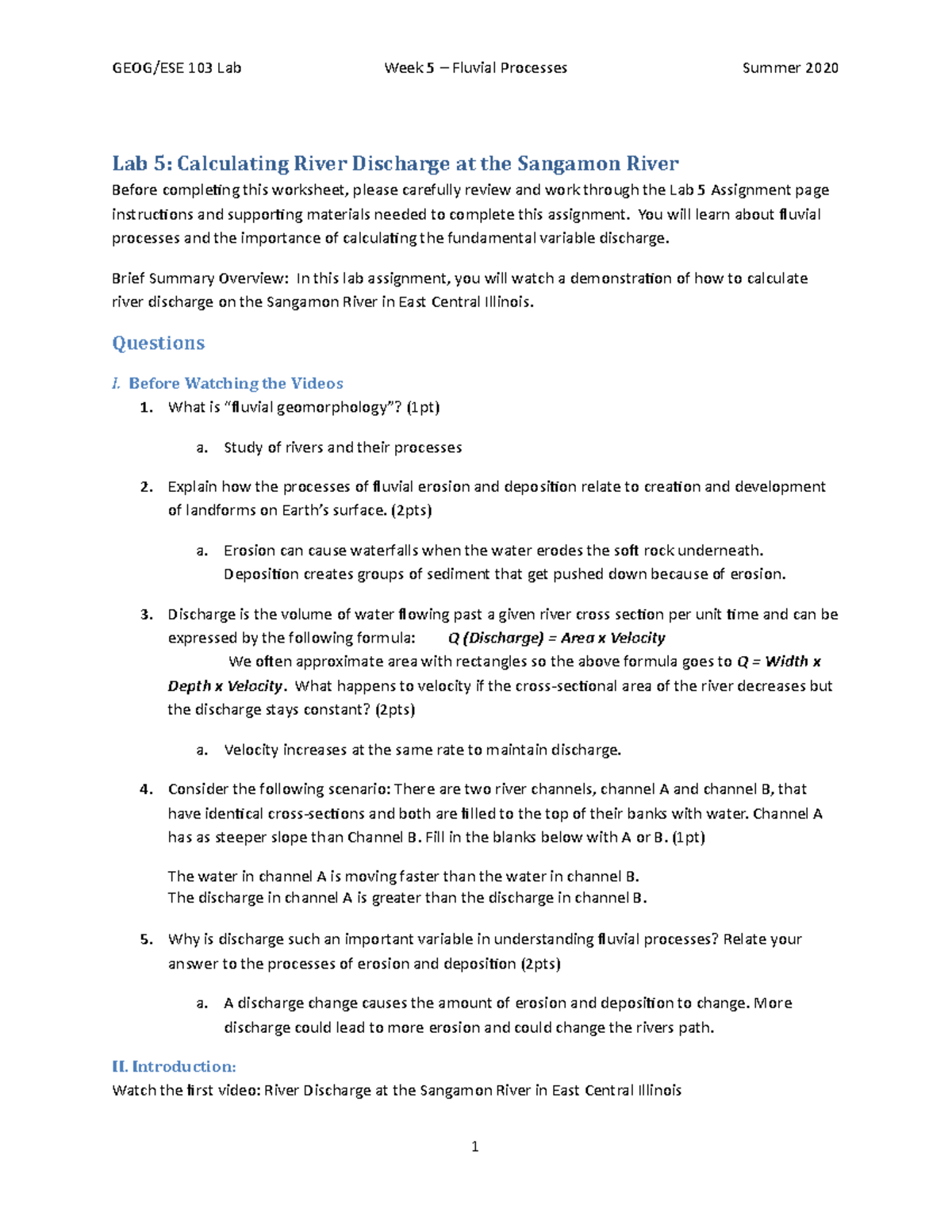 S GEOG lab 5 - lab - Lab 5: Calculating River Discharge at the Sangamon ...