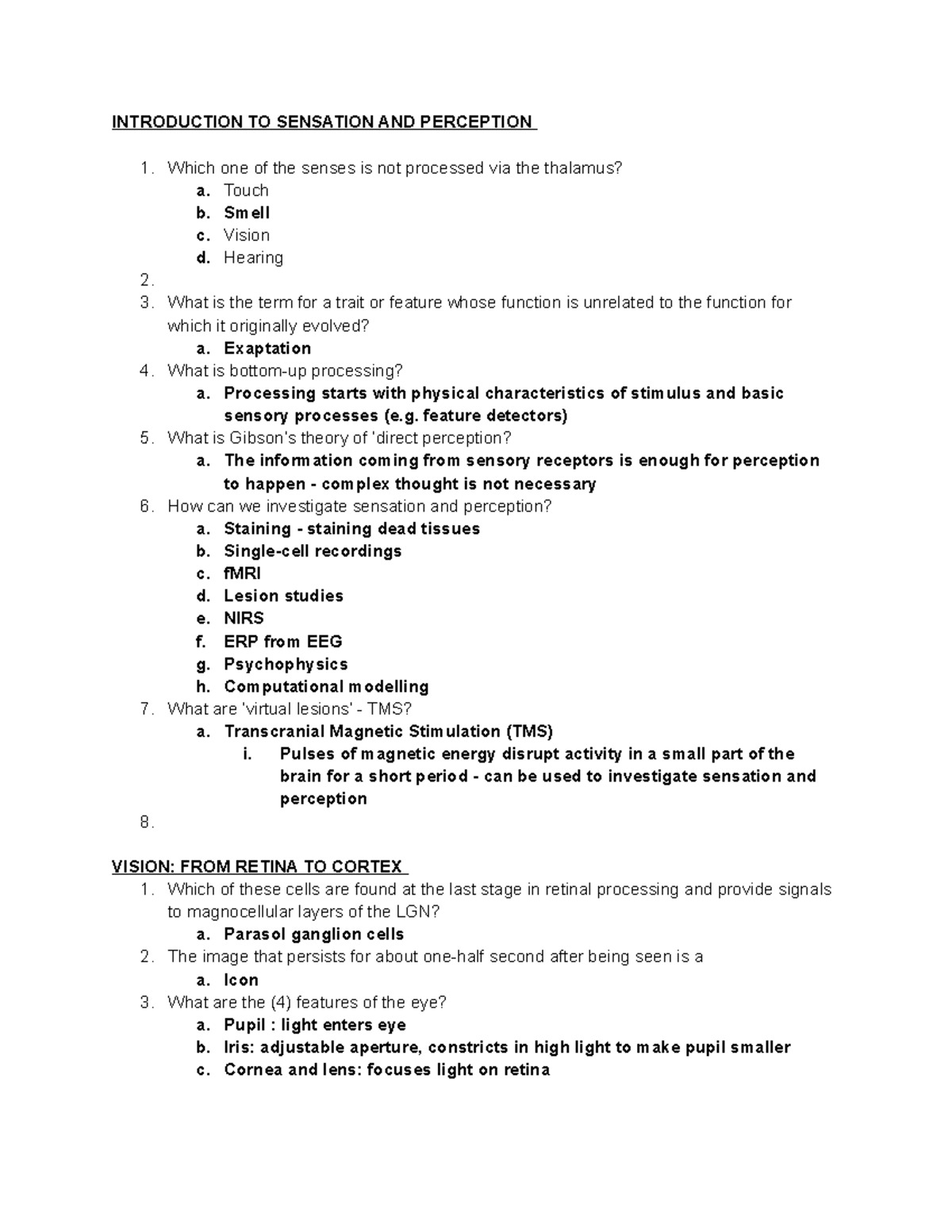 Mock questions - INTRODUCTION TO SENSATION AND PERCEPTION Which one of ...