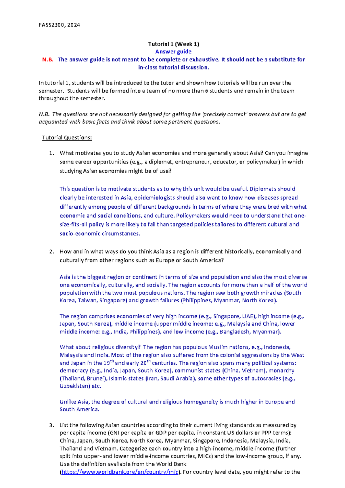 FASS2300 Tutorial 1 Answers - FASS2300, 2024 Tutorial 1 (Week 1) Answer ...