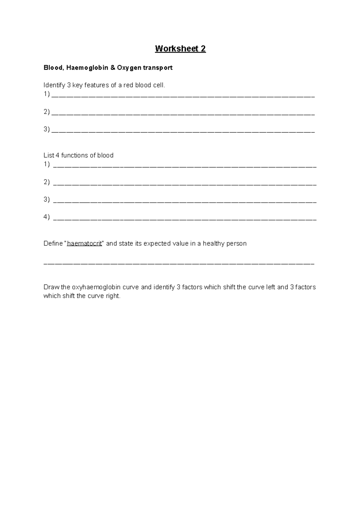 Blood, Oxygen and haemoglobin - Worksheet 2 Blood, Haemoglobin & Oxygen ...