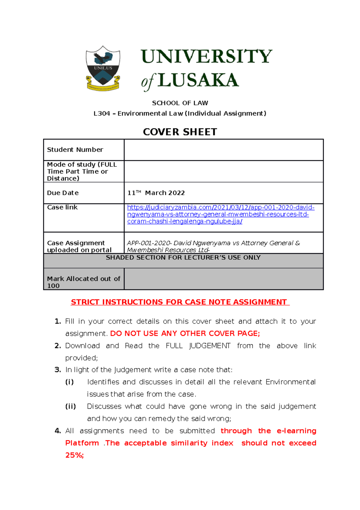 L304 Assignment Cover Sheet linked - SCHOOL OF LAW L304 – Environmental ...