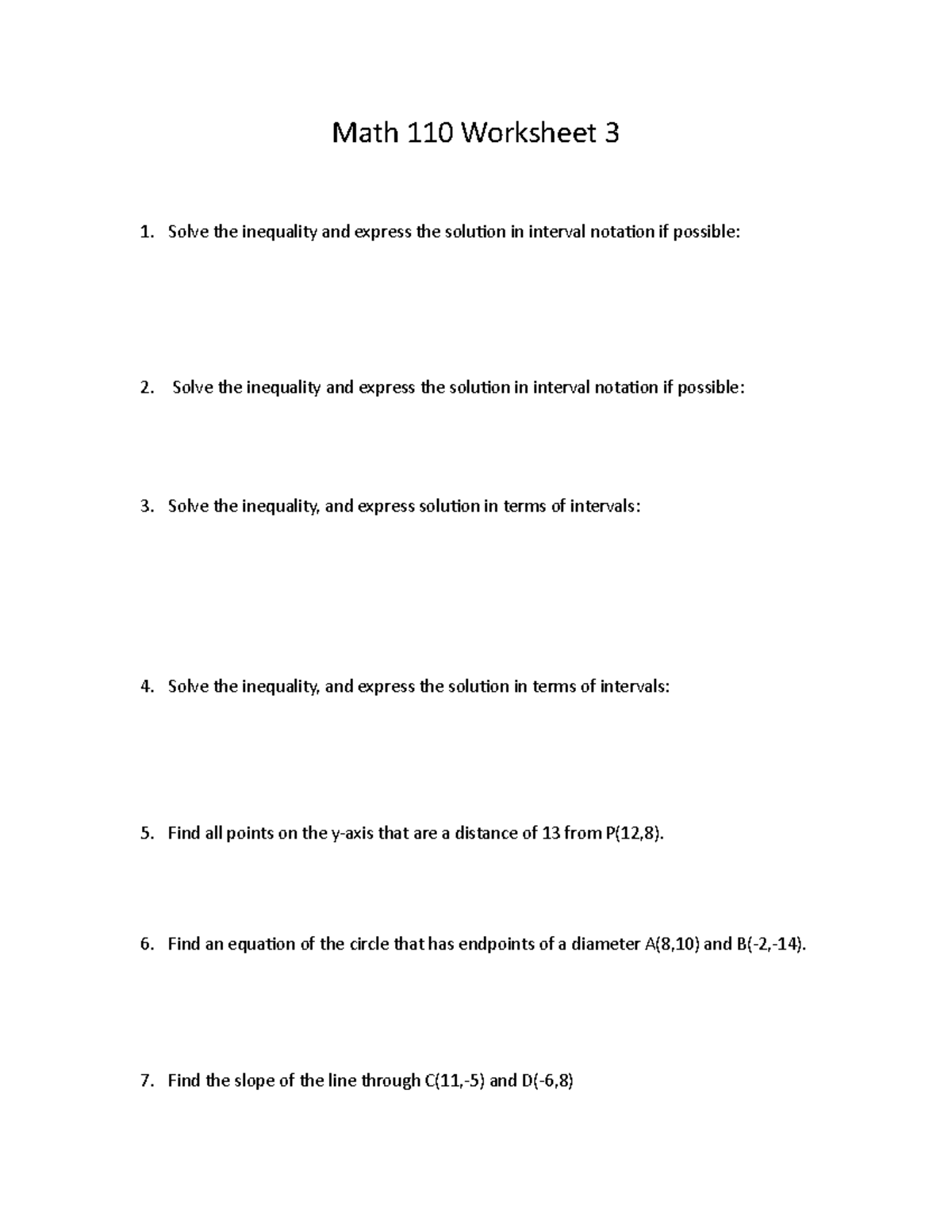 Math 110 Worksheet 3 - Math 110 Worksheet 3 Solve the inequality and ...