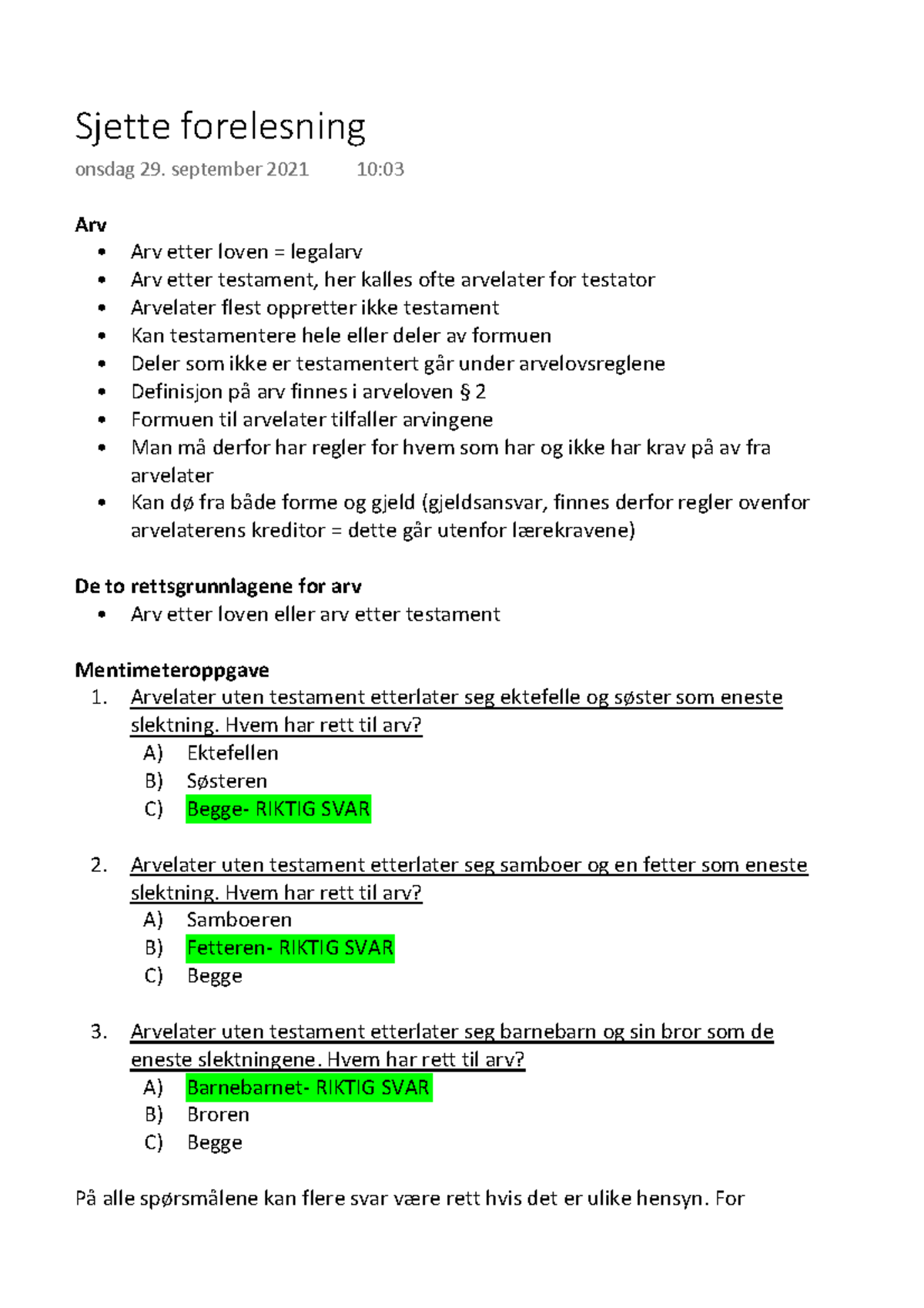 Arv- helkullsamling 5 - Forelesningsnotater om arv i Fam/Arv høsten 2021- master i ...