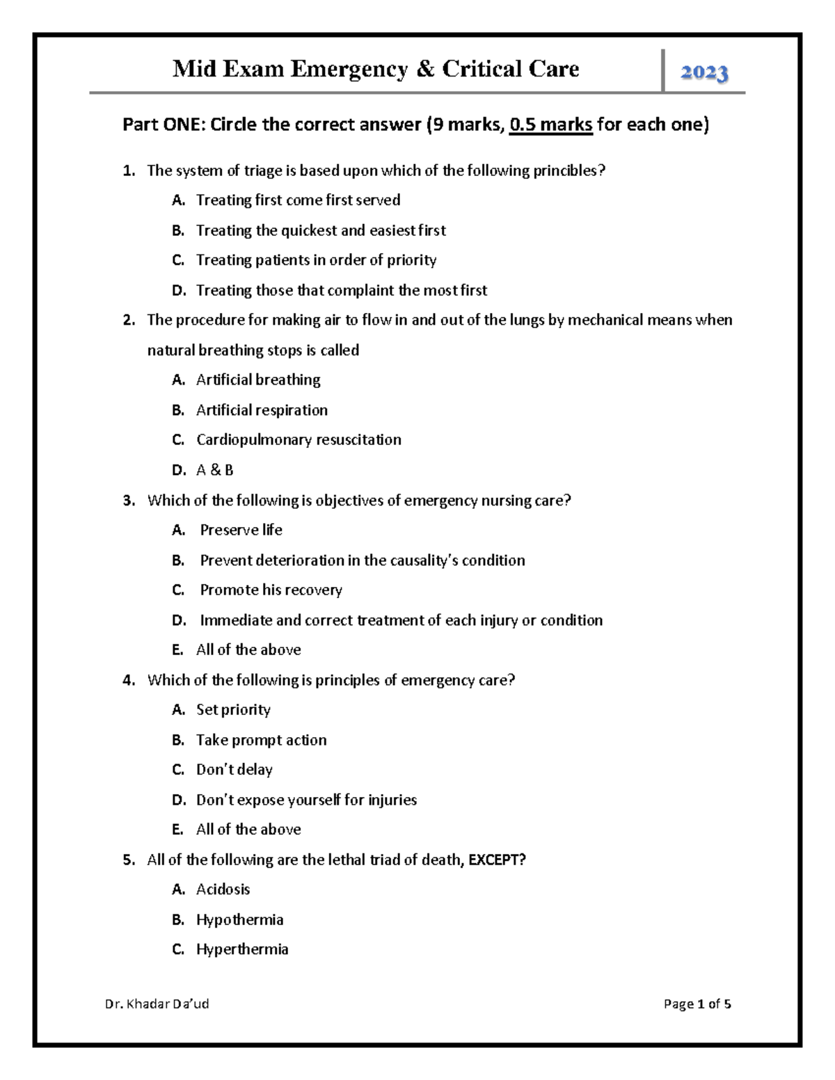 Mid Test Exam - Part ONE: Circle the correct answer (9 marks, 0 marks ...
