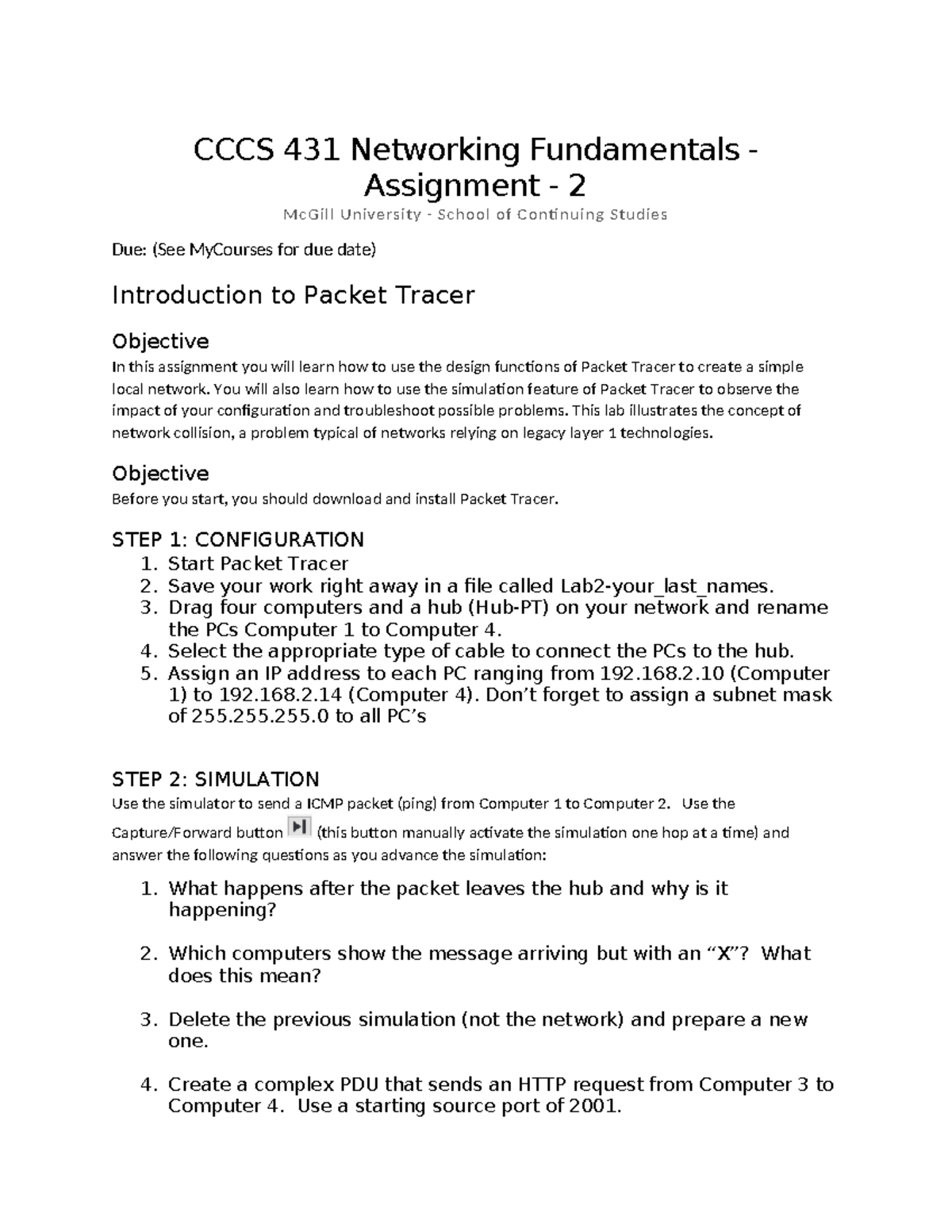 Assign 2 - CCCS 431 Networking Fundamentals - Assignment - 2 McGill University - School of Conti ...
