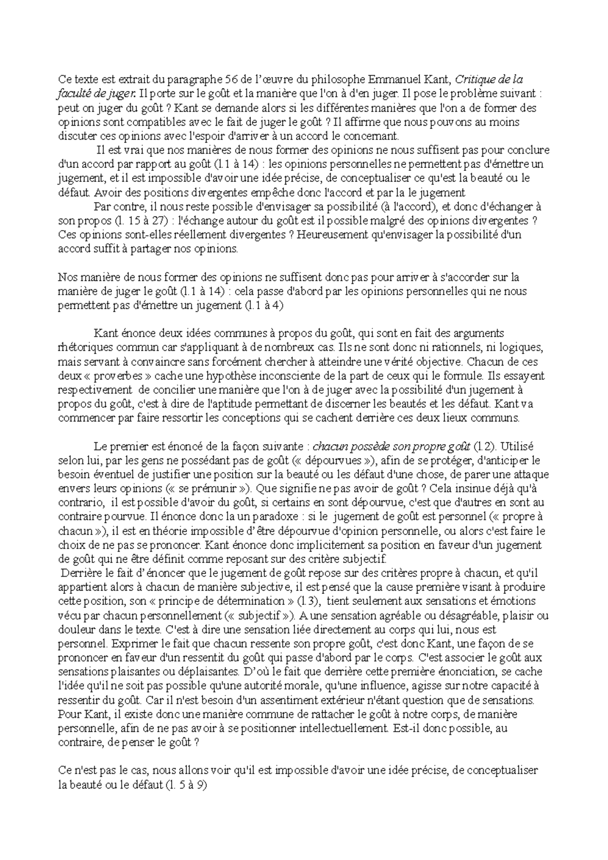 Analyse paragraphe 56 Emmanuel Kant Critique de la faculté de juger ...