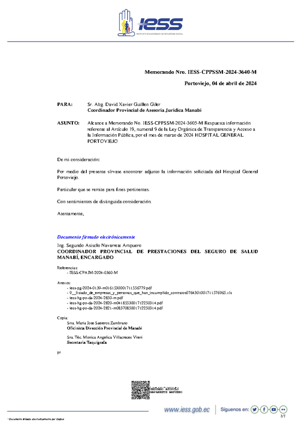 IESS Cppssm 2024 3640 M Hgportoviejo - Memorando Nro. IESS-CPPSSM-2024 ...