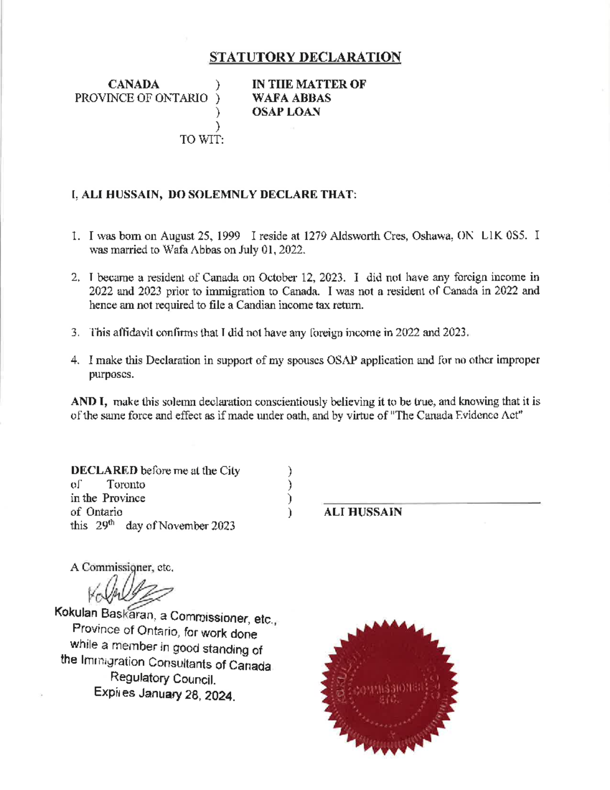 20231129095722 - Gfgb - STATUTORY DECLARATION CANADA ) IN THE MATTER OF ...