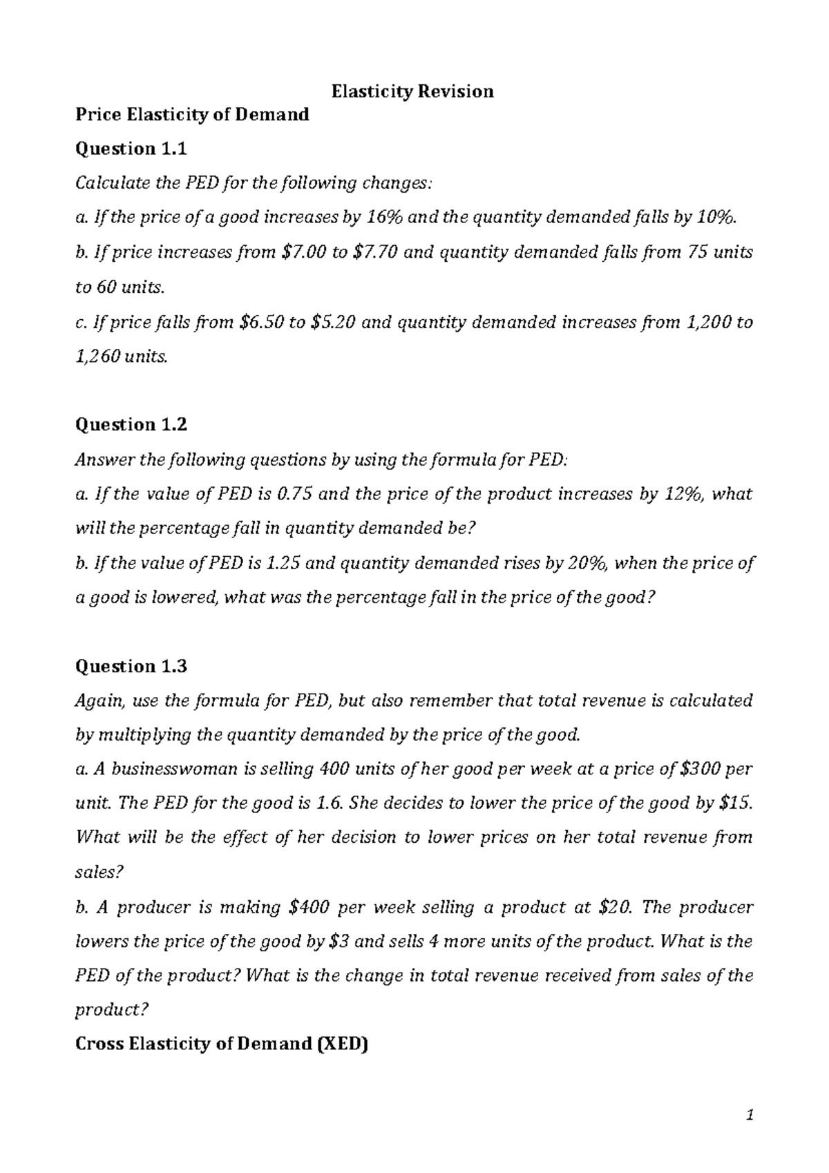 Elasticity revision saw - Price Elasticity of Demand Elasticity ...