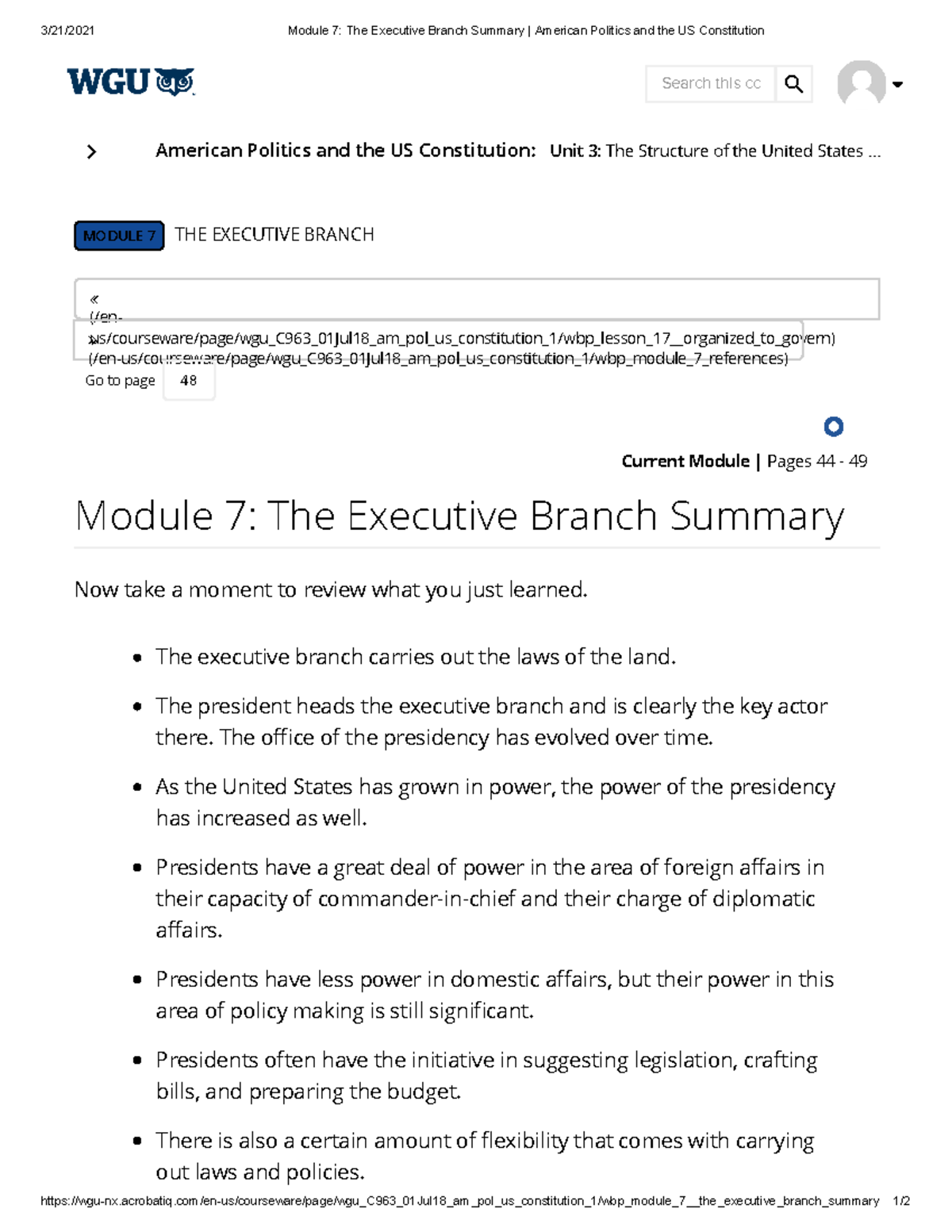 Module 7 The Executive Branch Summary American Politics and the US ...